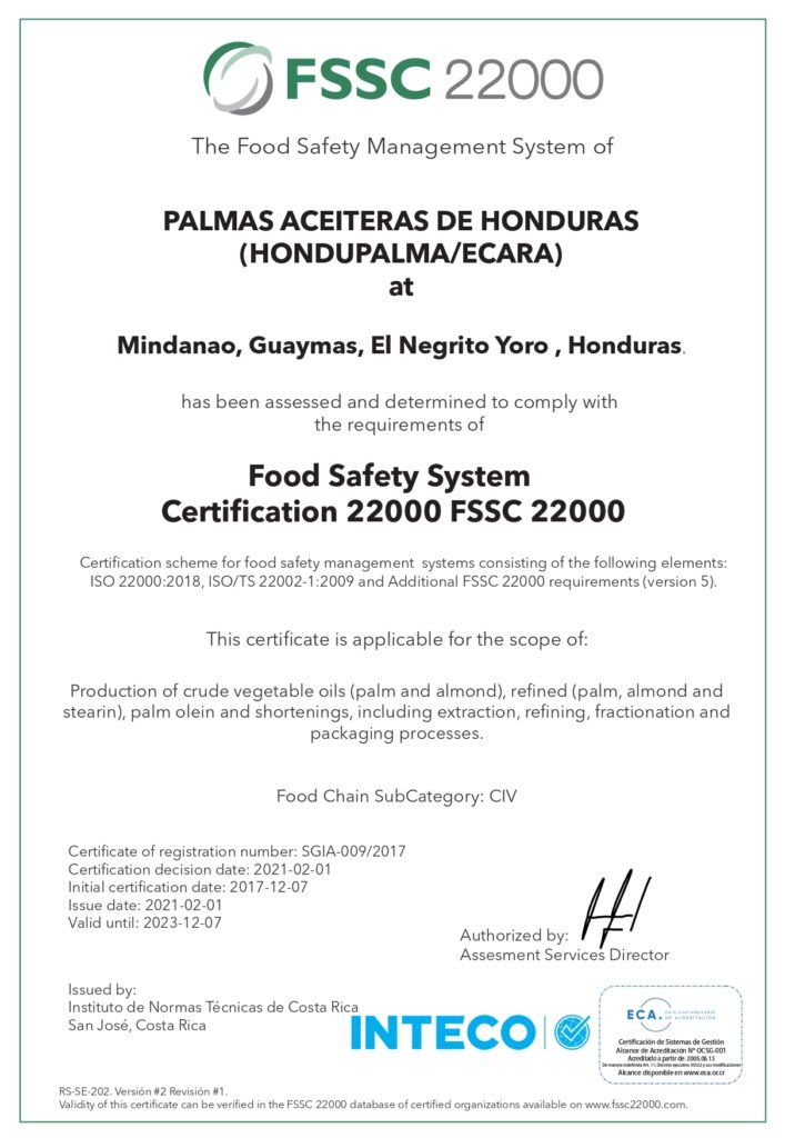 FSSC 22000 Sistema de Gestión de Seguridad Alimentaria – Hondupalma