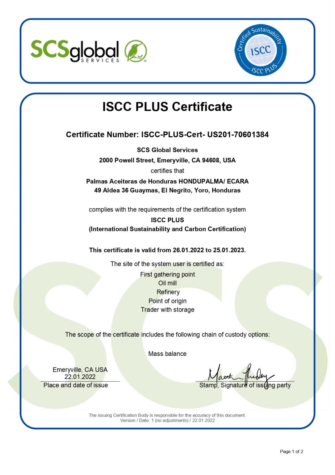 ISCC PLUS Certificación Internacional de Sostenibilidad y Carbono – Hondupalma