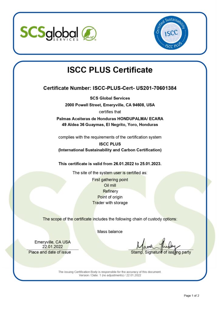 ISCC PLUS Certificación Internacional de Sostenibilidad y Carbono – Hondupalma